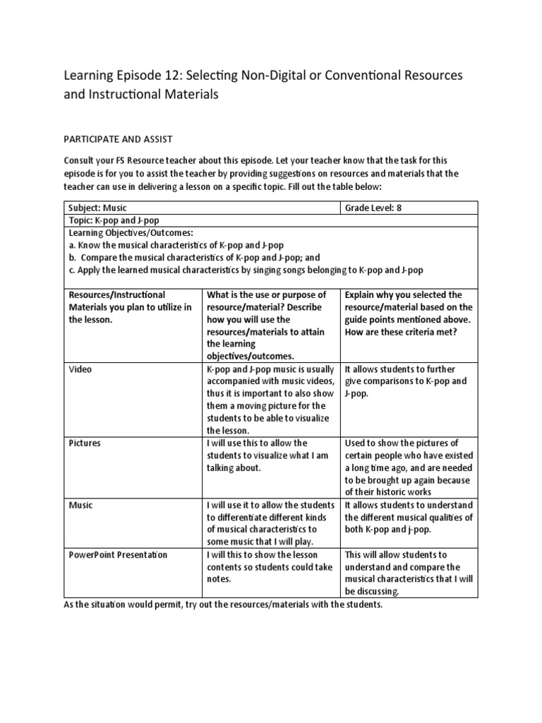 Learning Episode 12 FS2 Selecting Non Digital or Conventional Resources ...