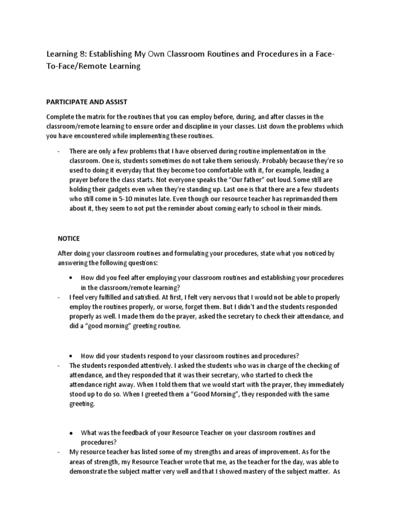 Learning Episode 8 FS2 Establishing My Own Classroom Routines and ...