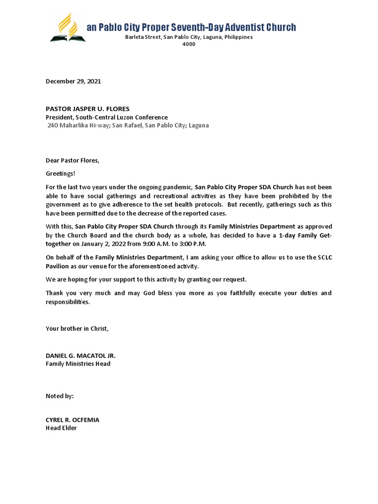San Pablo SDA Church Family Gathering Request | PDF