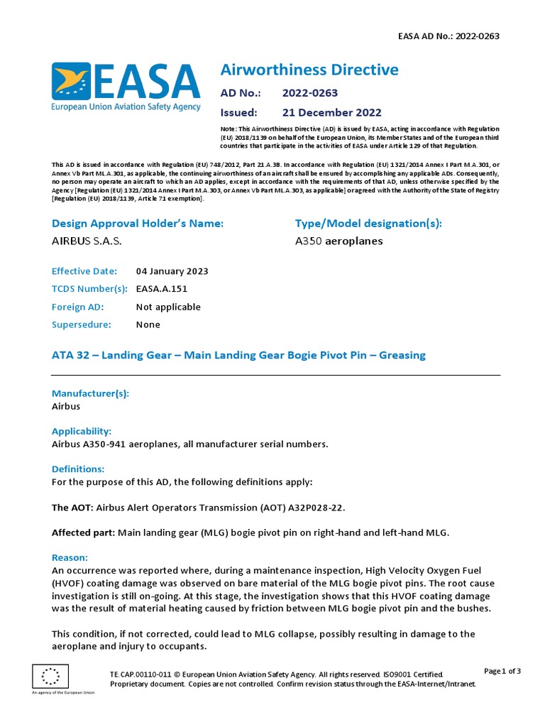Easa Ad 2022 0263 1 Pdf Aviation Transport