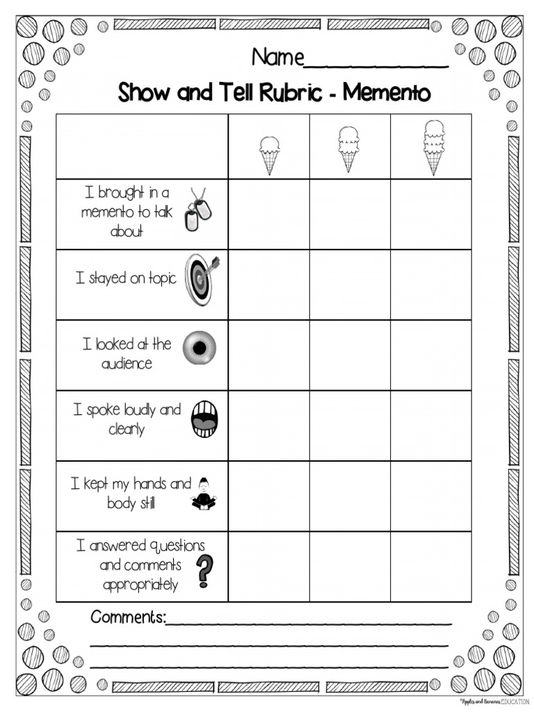 Show and Tell Rubric - Memento Name - : I Brought in A Memento To Talk ...