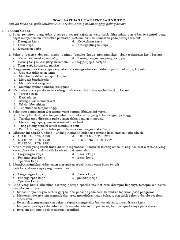 Soal Latihan Ujian Sekolah XII TKR | PDF | Metode & Bahan Ajar ...