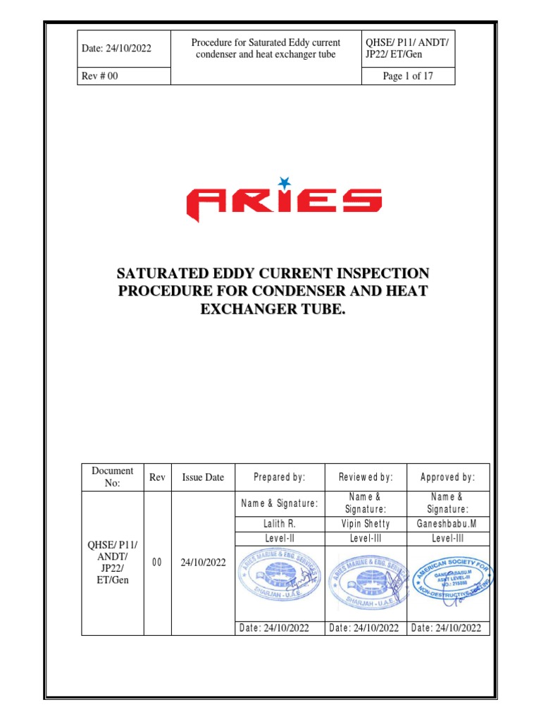 Aries - Saturated Eddycurrent - Tube - Procedure | PDF | Heat Exchanger ...