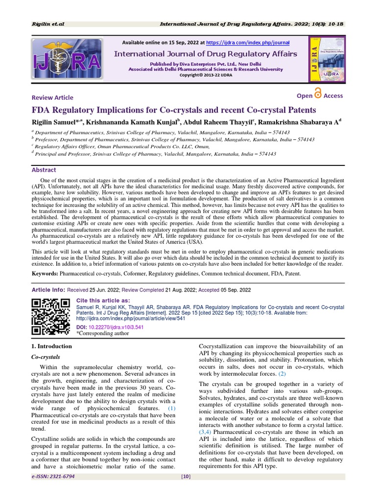 FDA Regulatory Implications For Co-Crystals and Re | PDF | Generic Drug ...