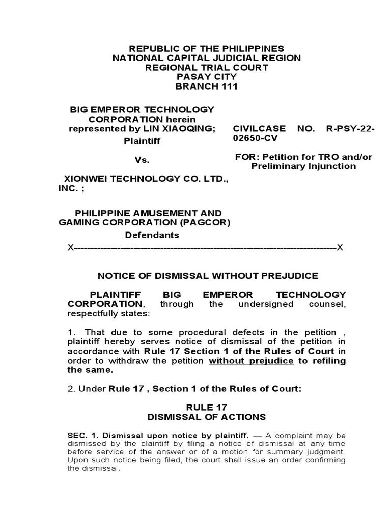 Notice of Dismissal Withdrawal | PDF | Injunction | Prejudice (Legal Term)