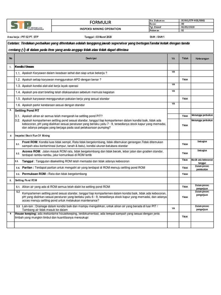 Laporan Inspeksi PIT 02 | PDF