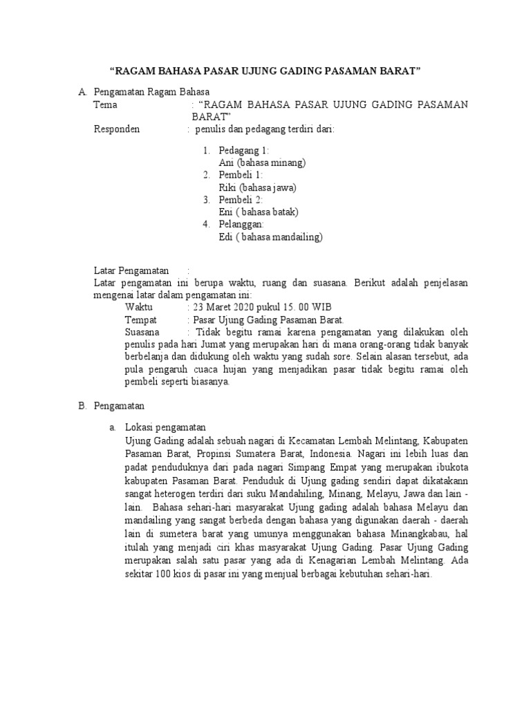 Ragam Bahasa Pasar Ujung Gading Pasaman Barat | PDF