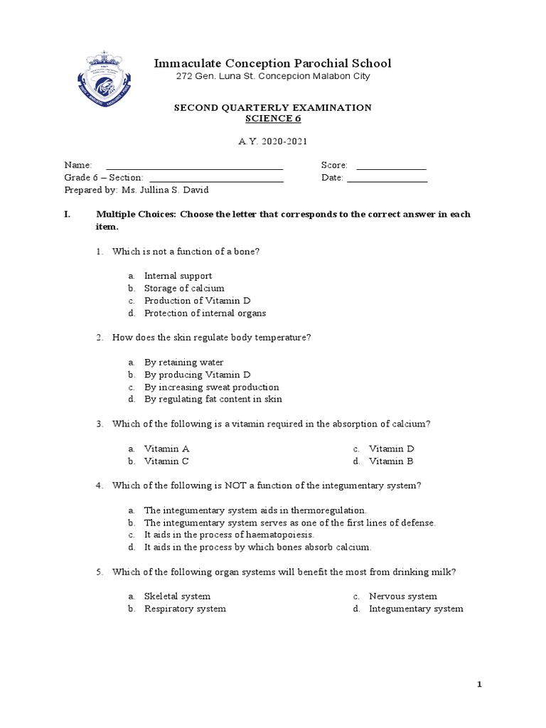 2ND QUARTER TEST 2020-2021 Science 6 | PDF | Lung | Digestion