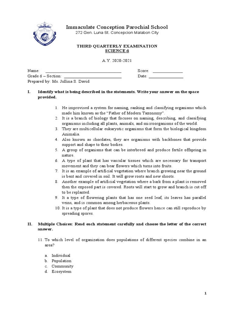 Grade 6 Science Quarterly Exam | PDF | Plants | Ecosystem