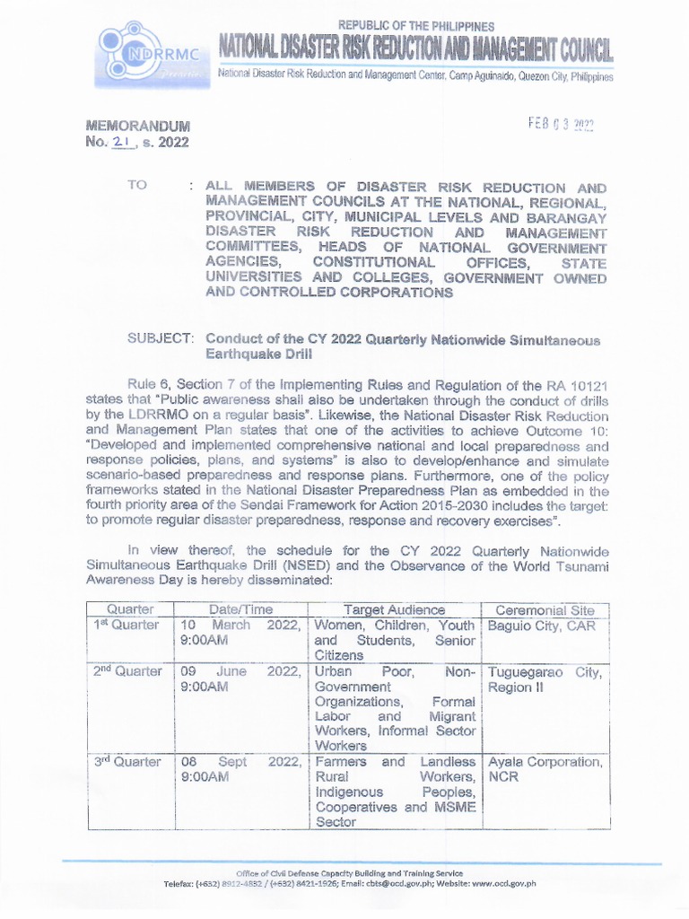 NDRRMC 21-2022 - Conduct of CY2022 NSED | PDF