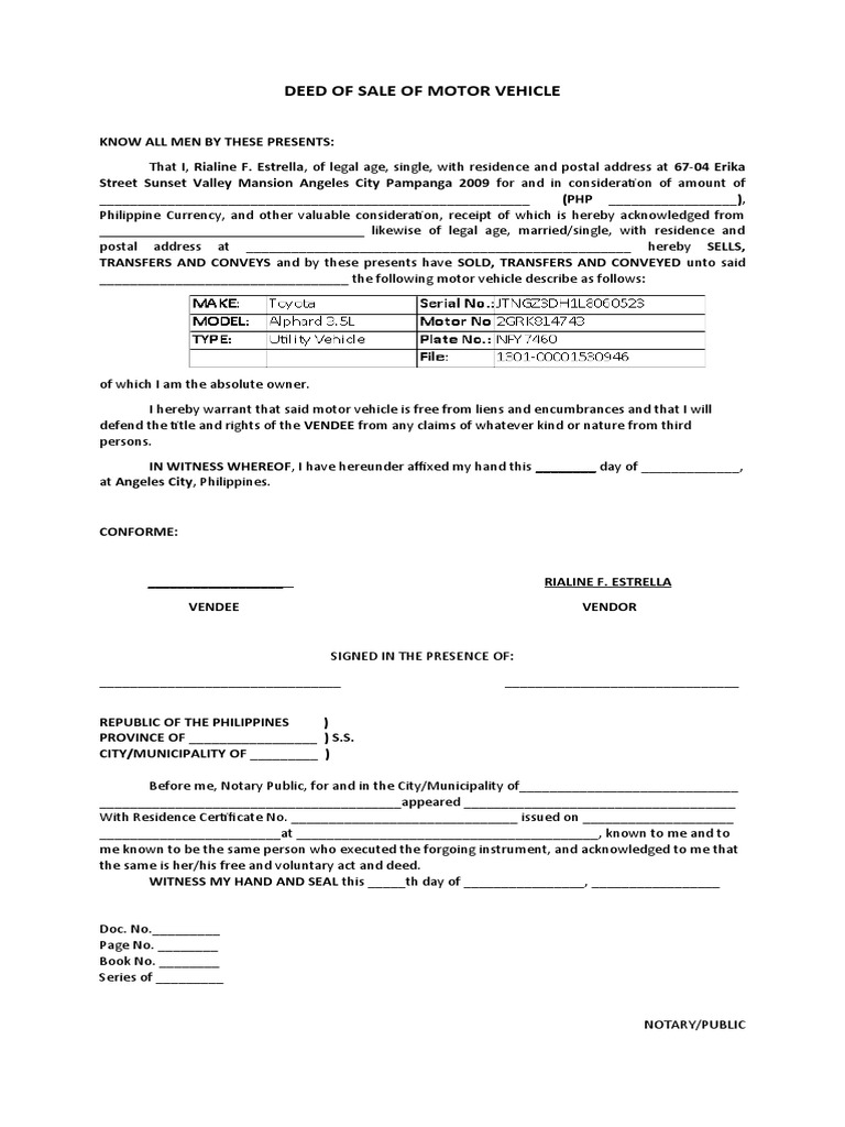 Deed of Sale of Motor Vehicle Blank Form | PDF