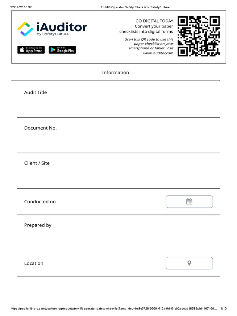 Forklift Operator Safety Checklist Safetyculture Download Free Pdf