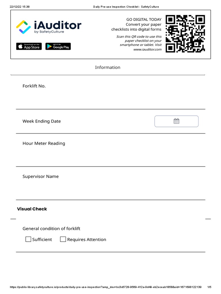 Daily Forklift Pre-Use Inspection Checklist | PDF | Forklift | Attention