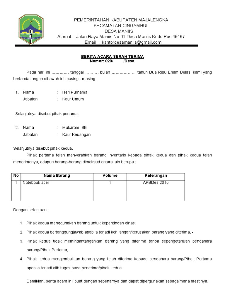 CONTOH Berita Acara Serah Terima Barang | PDF