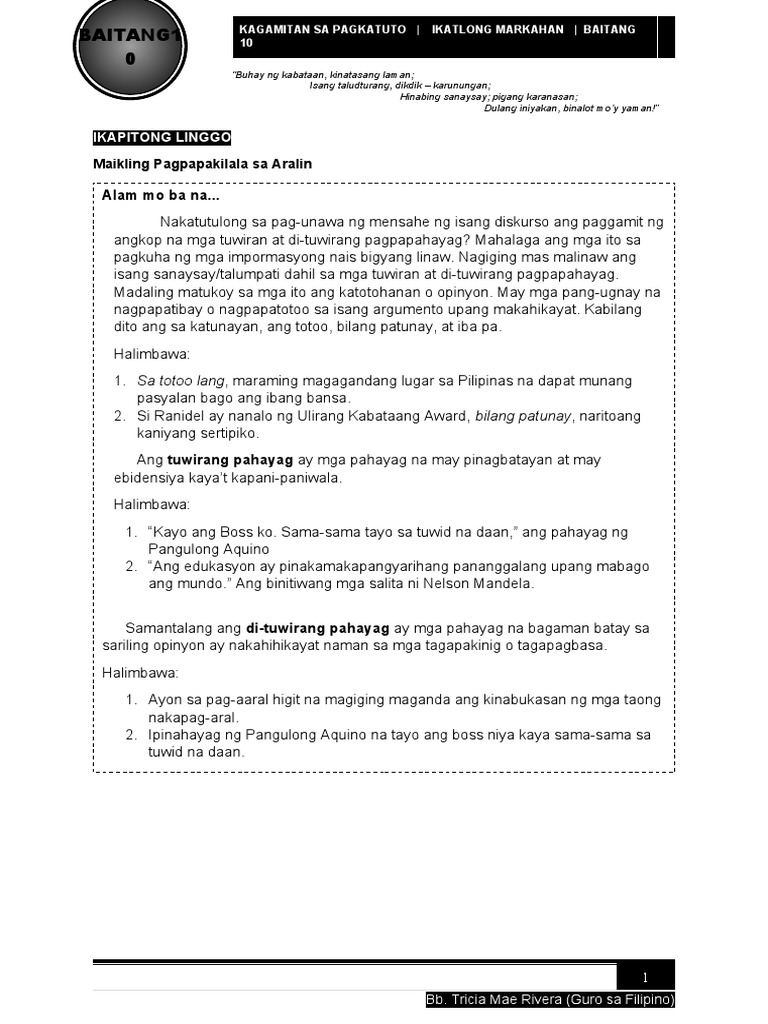 3M7L - Tuwiran at Di-Tuwirang Pahayag | PDF