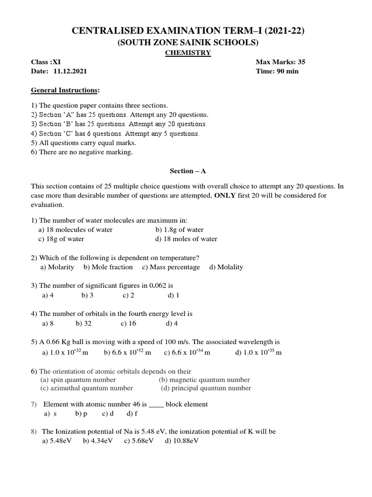 Chemistry - Class XI - Question Paper | PDF | Atomic Orbital | Electron ...