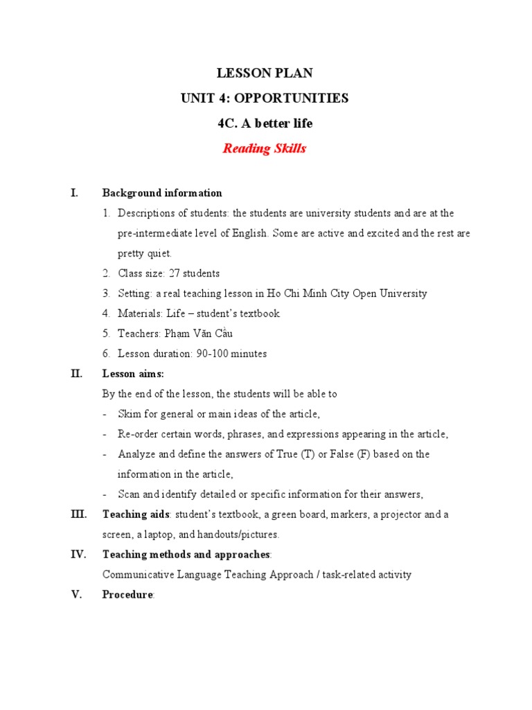 Unit 4 Lesson Plan: Opportunities | PDF | Employment | Communication