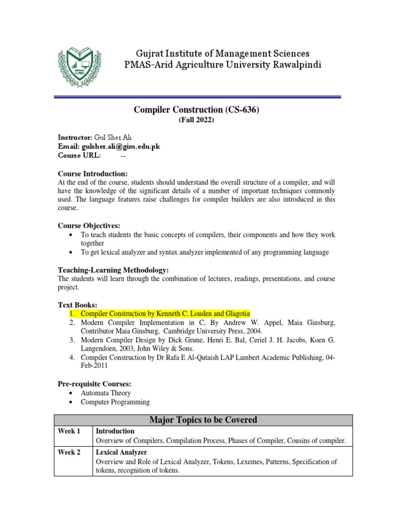 CS-636 Compiler Construction Outline | PDF | Parsing | Compiler CS-636 Compiler Construction Outline | PDF | Parsing | Compiler