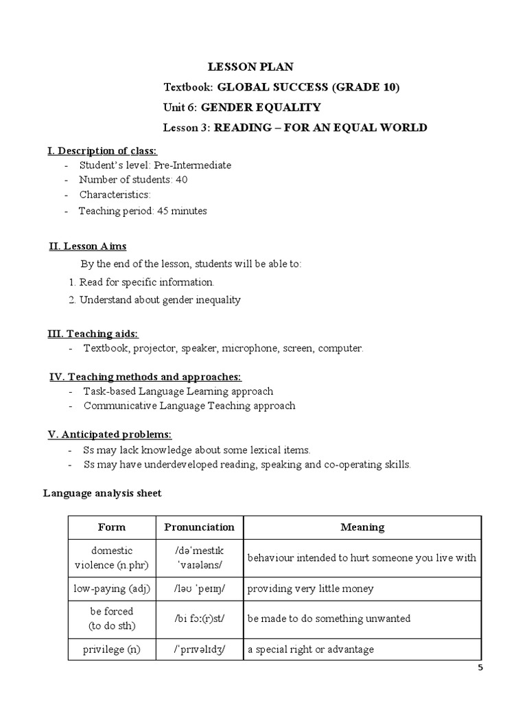 Gender Equality Lesson Plan for ESL | PDF | Lesson Plan | Equal Pay For ...