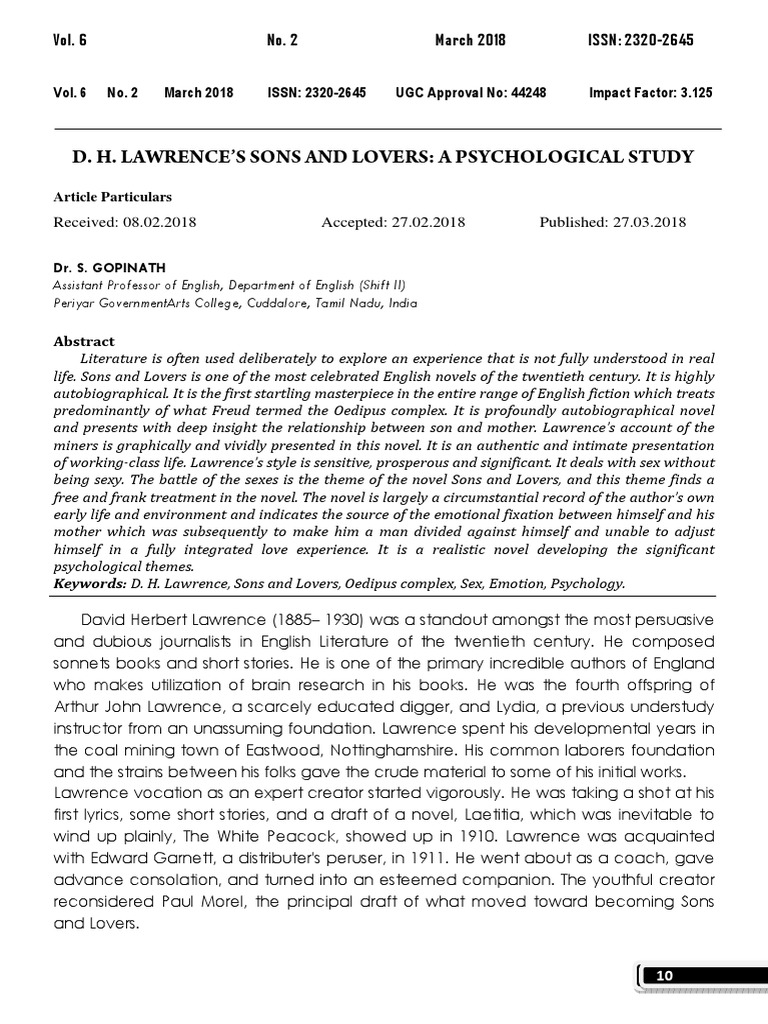 DH Lawrences Sons and Lovers A Psychological Study | PDF | Sons And ...