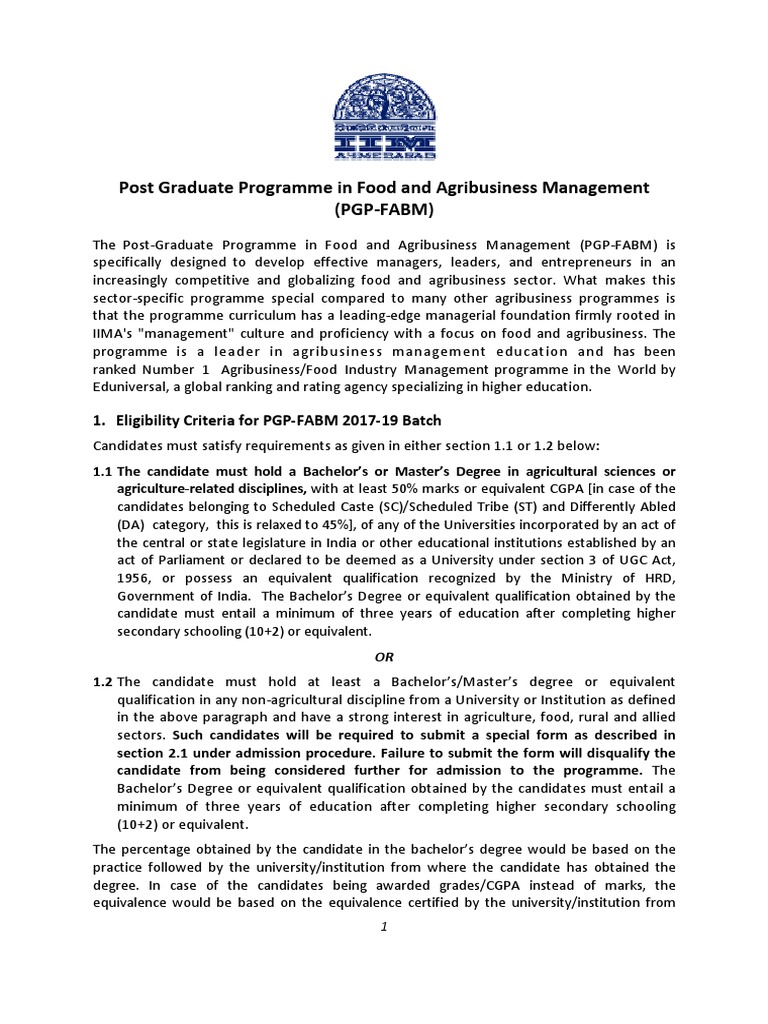 IIM Ahmedabad PGP-FABM Eligibility Criteria | PDF | Academic Degree | Agribusiness