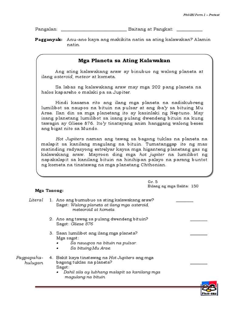 Gr. 5 Mga Planeta Sa Ating Kalawakan Oral Pretest | PDF