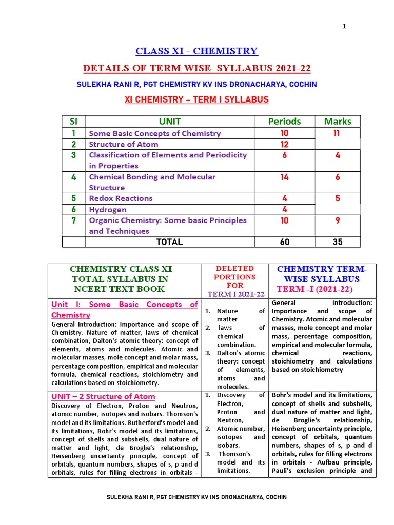 Xi Chemistry Term Wise Syllabus 2021-22-Sulekha | PDF | Chemical Bond ...