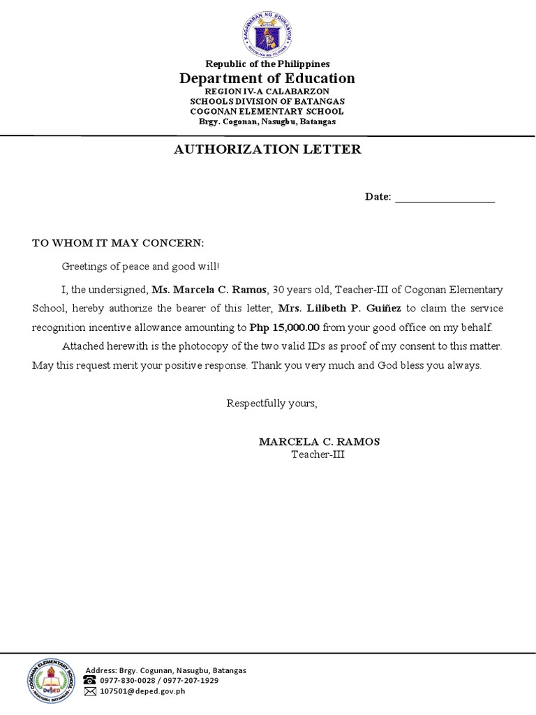 Authorization Letter for Allowance Claim | PDF