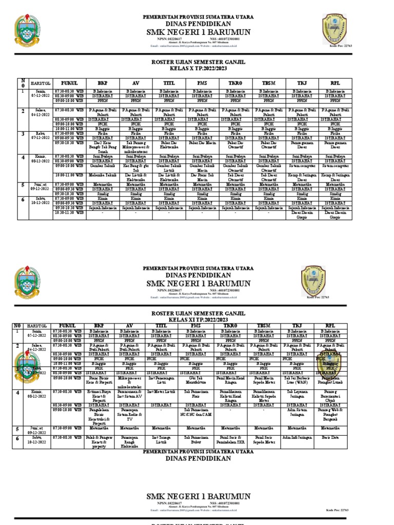 Roster Ujian Semester Ganjil TP 2022-2023 | PDF