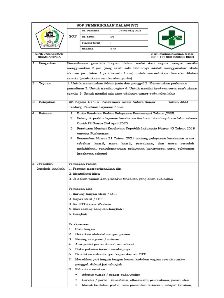 SOP Pemeriksaan Dalam (VT) | PDF