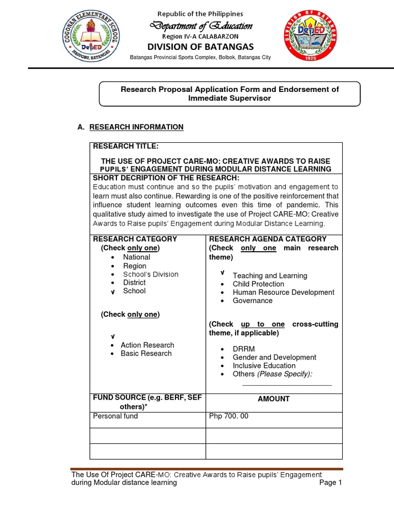 Sample-The Use of Project CARE-MO (Creative Awards To Raise Pupils ...