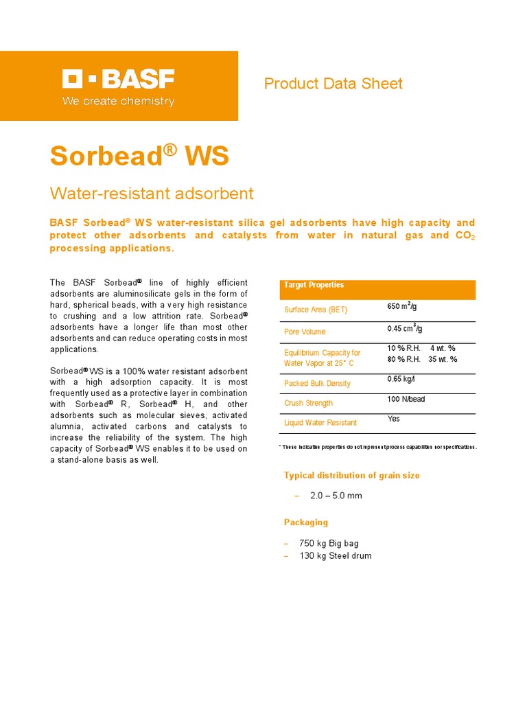BASF Sorbead-WS Datasheet Rev.2022-07 A4 | PDF | Adsorption | Chemistry