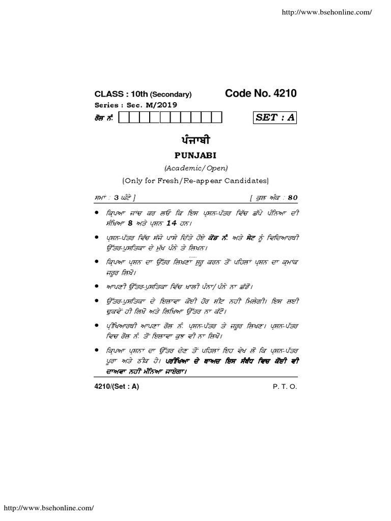 Class 10 Punjabi 4210 A 2019 | PDF