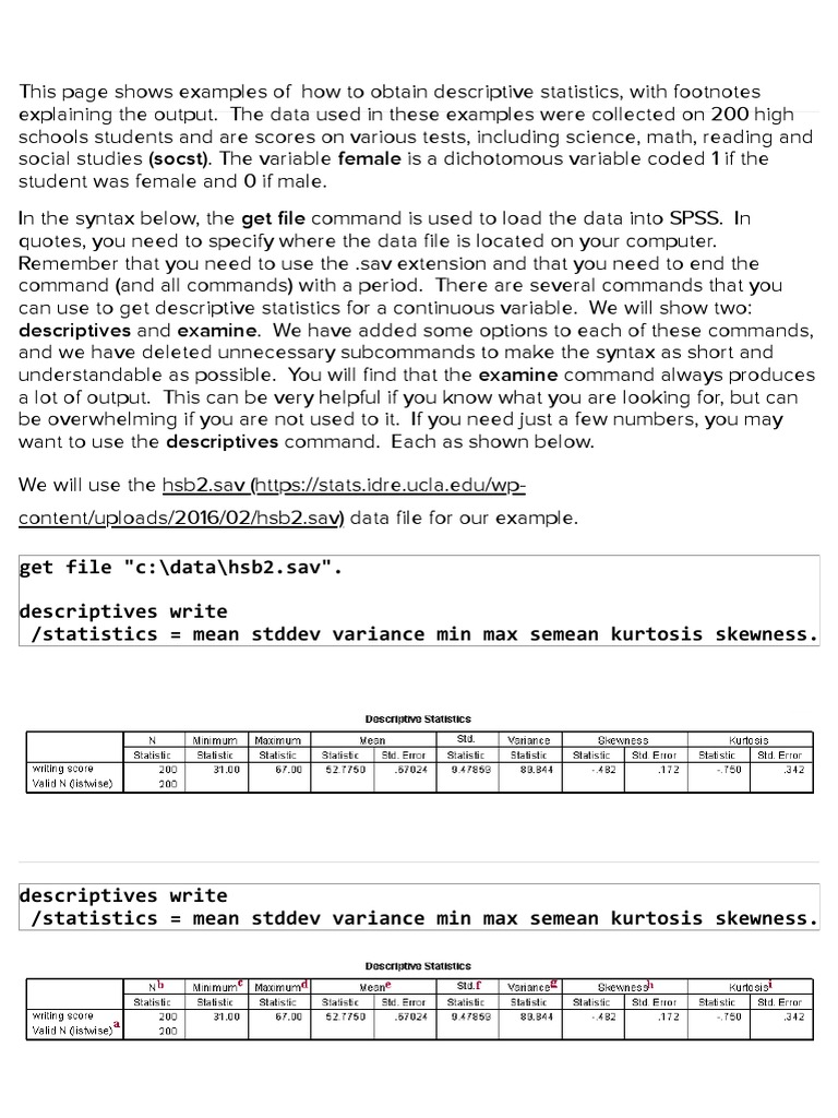 Descriptive Statistics - SPSS Annotated Output | PDF | Mean | Variance Descriptive Statistics - SPSS Annotated Output | PDF | Mean | Variance
