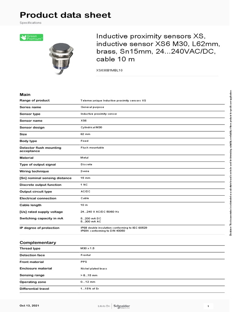 XS630B1MBL10 Inductive Sensor Specs | PDF | Alternating Current | Sensor