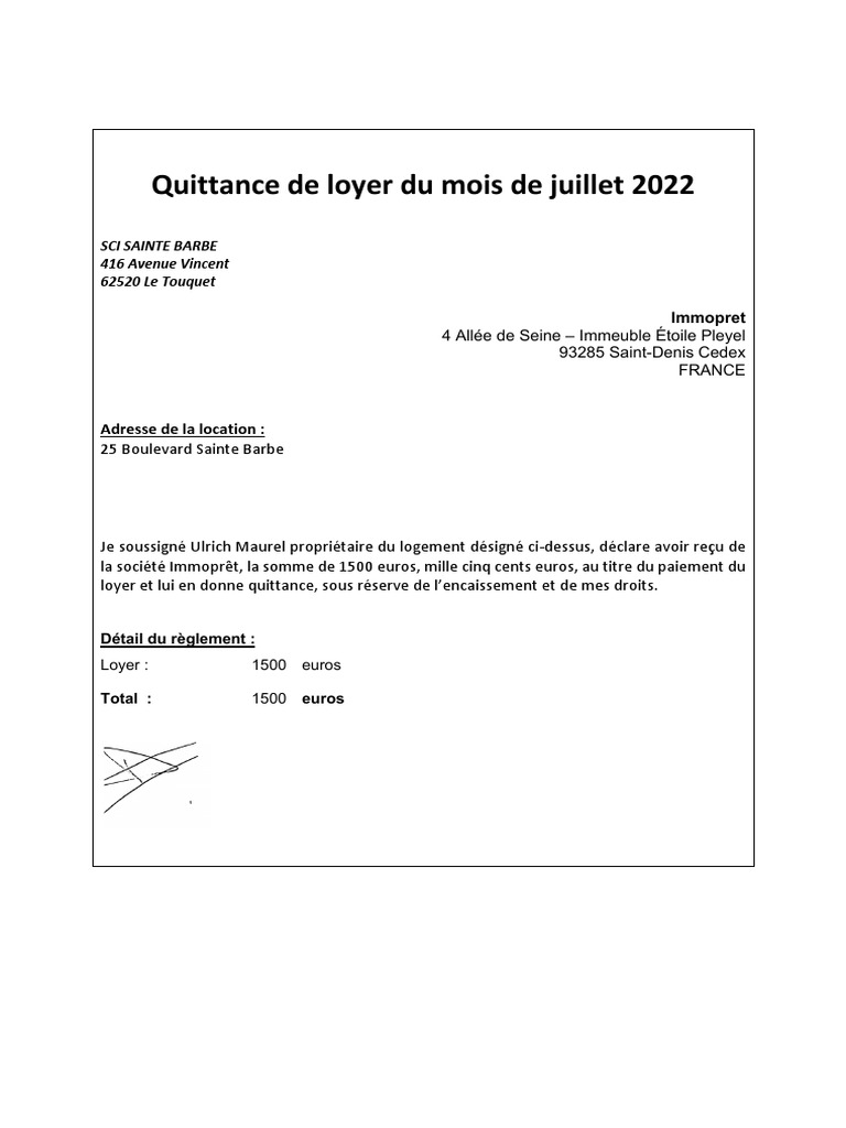 Quittance de Loyer Du Mois de Juillet 2023 | PDF