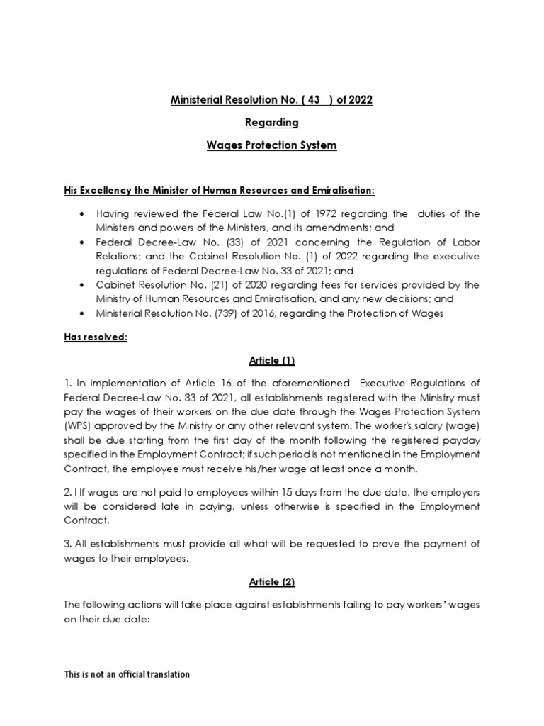 Ministerial Resolution No. (43) of 2022 | PDF | Employment | Wage
