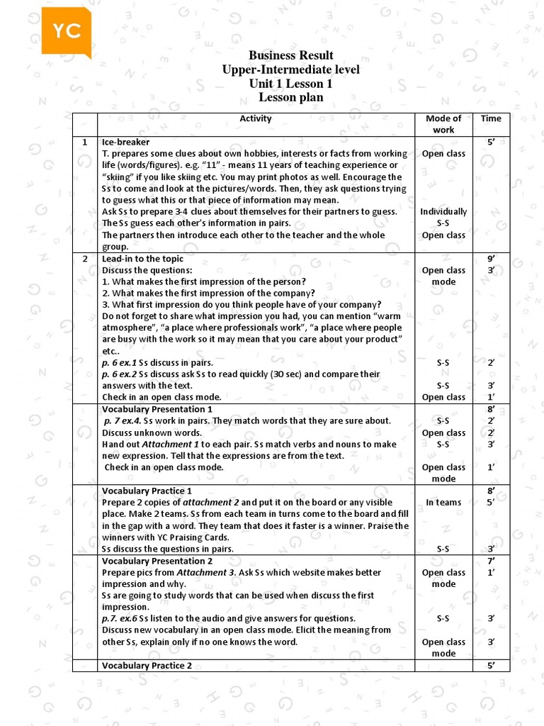 Lesson Plan Business Result Upper Intermediate Level Pdf Part Of