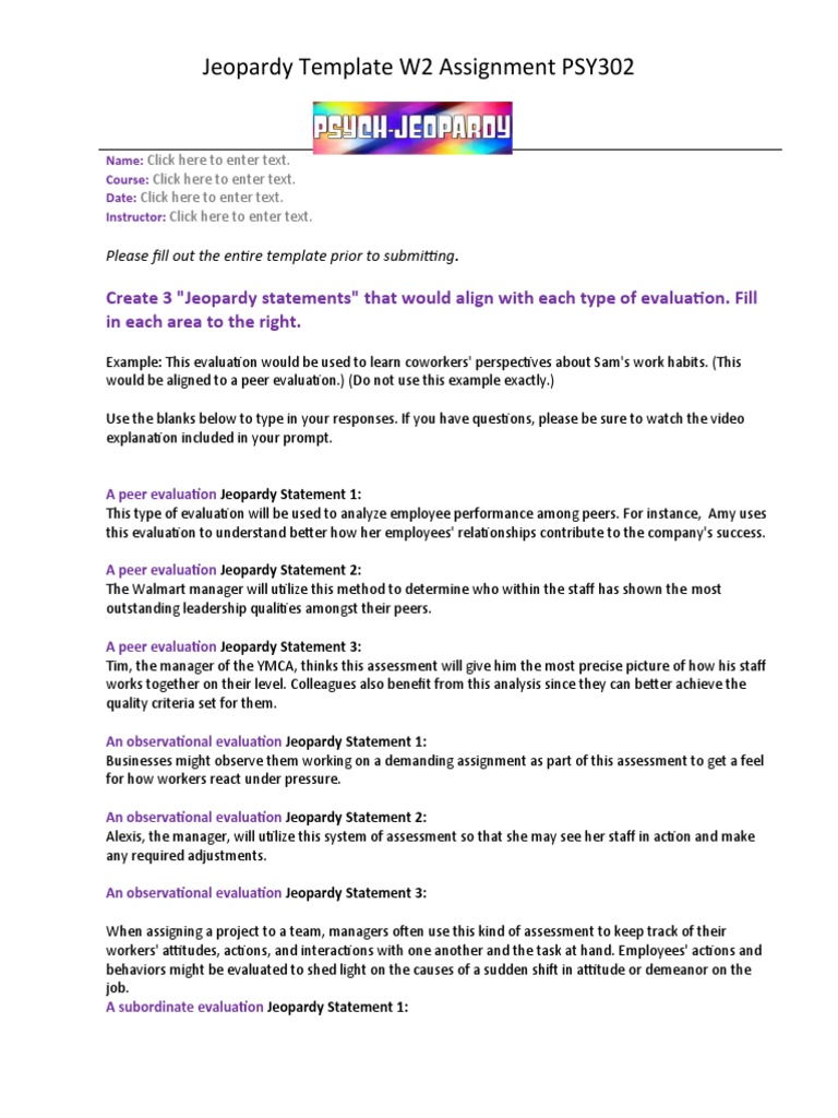 W2 Assignment Jeopardy Template | PDF | Performance Appraisal | Evaluation