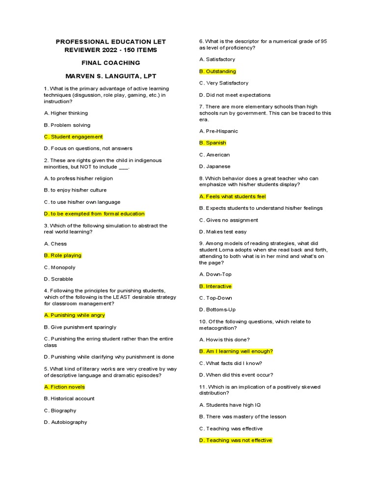 Prof Ed Reviewer 2022: 150 Items | PDF | Teachers | Educational Assessment