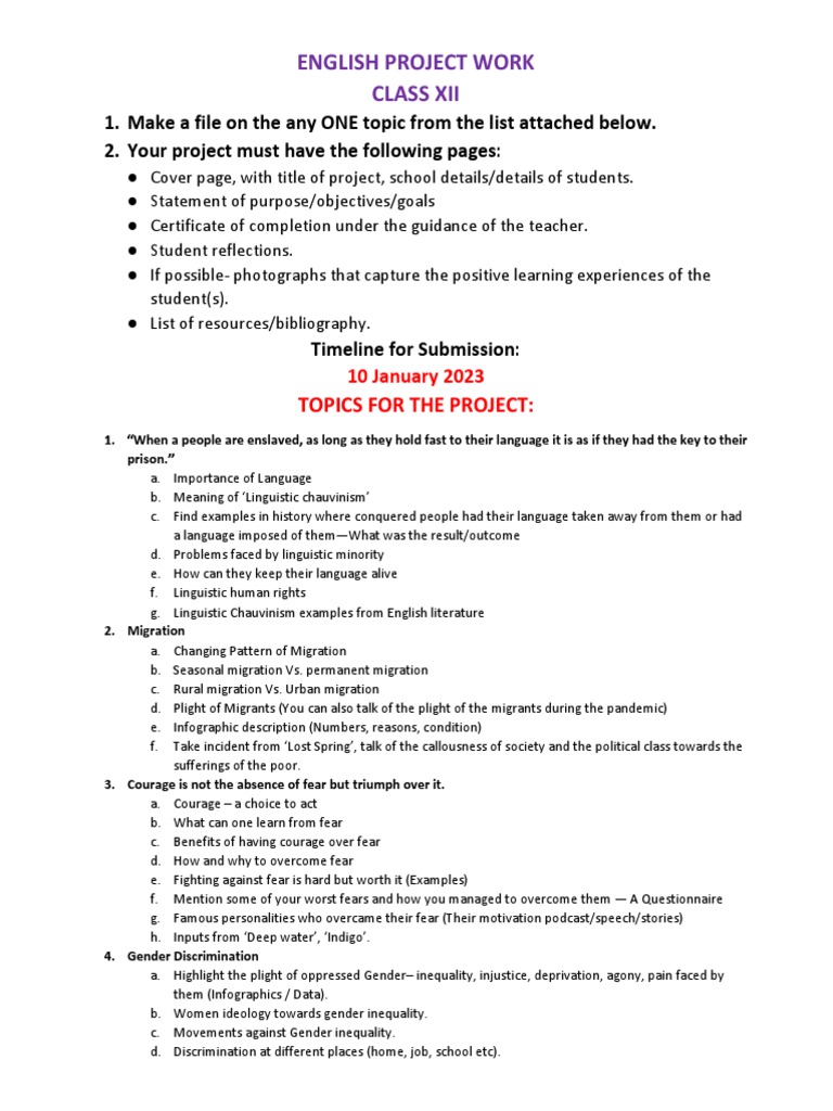 English Project Work Xii 2022-23 | PDF | Human Migration | Courage
