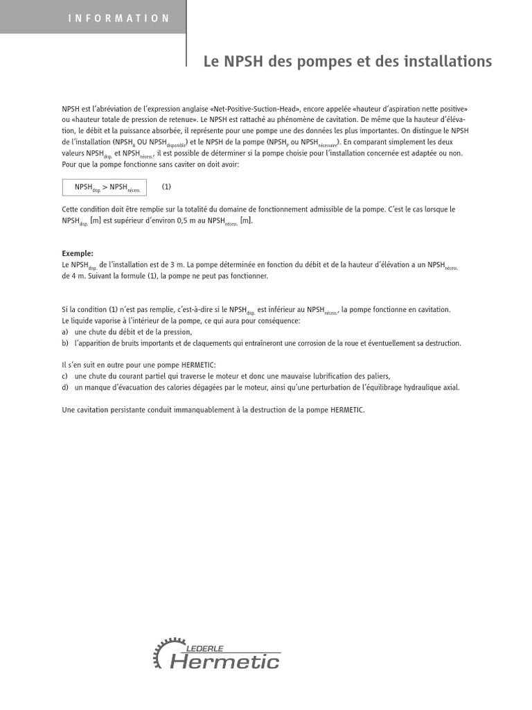 Information NPSH Pump Units FR | PDF | Pompe | Pression