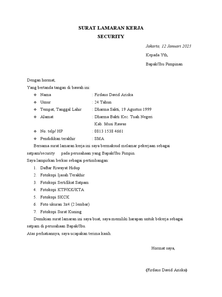 Contoh Surat Lamaran Kerja Security | PDF