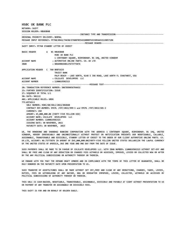 MT760 SBLC Interbank SWIFT Copies - 221201 - 093335 | PDF | Letter Of ...
