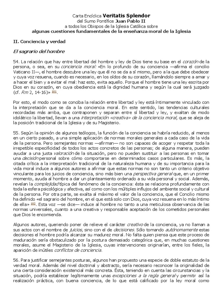 Carta Encíclica Veritatis Splendor Nº54-64 | PDF | Moralidad | Verdad