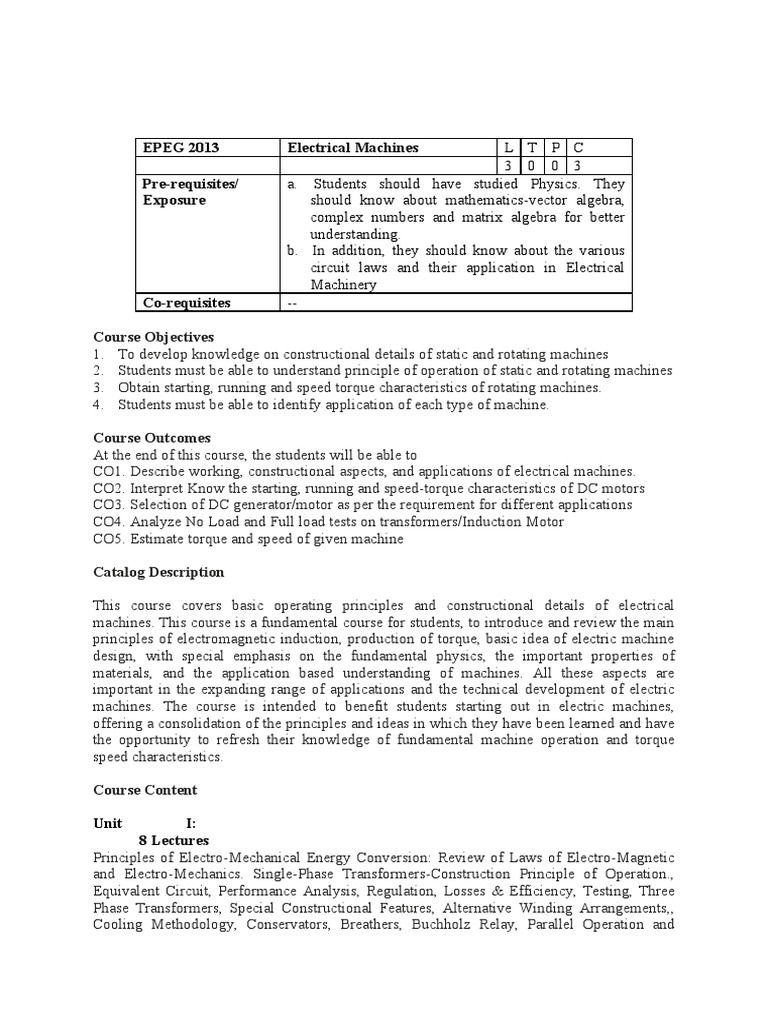 Electrical Machines Course Guide | PDF | Electric Motor | Physical ...