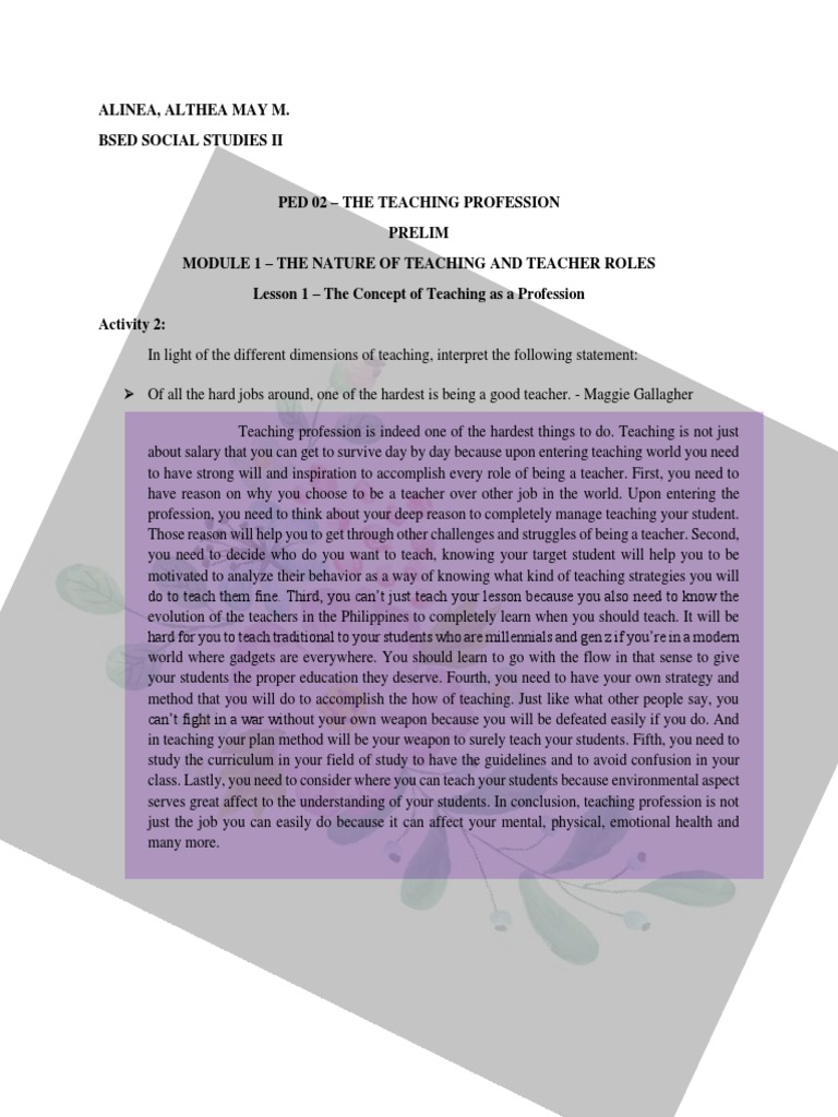 Ped 02 - Activities and Performance Task (Worksheet) | PDF | Teachers ...