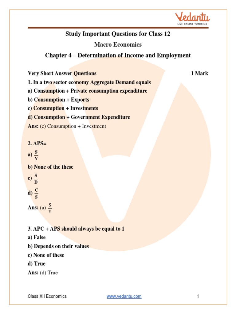 Important Questions For CBSE Class 12 Macro Economics Chapter 4 | PDF ...