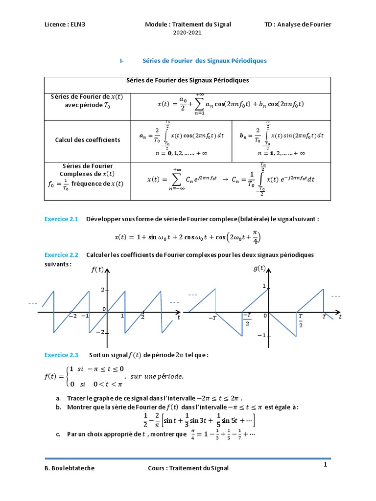Rappel Avec TD Analyse de Fourier - Séries Et Intégrale de Fourier ELN 3 | PDF | Intégral ...