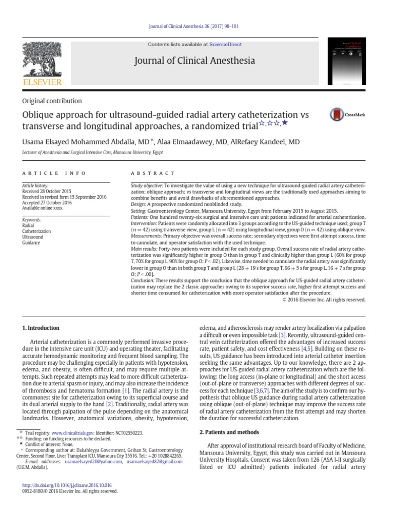 Oblique Approach For Ultrasound-Guided Radial Artery Catheterization Vs ...